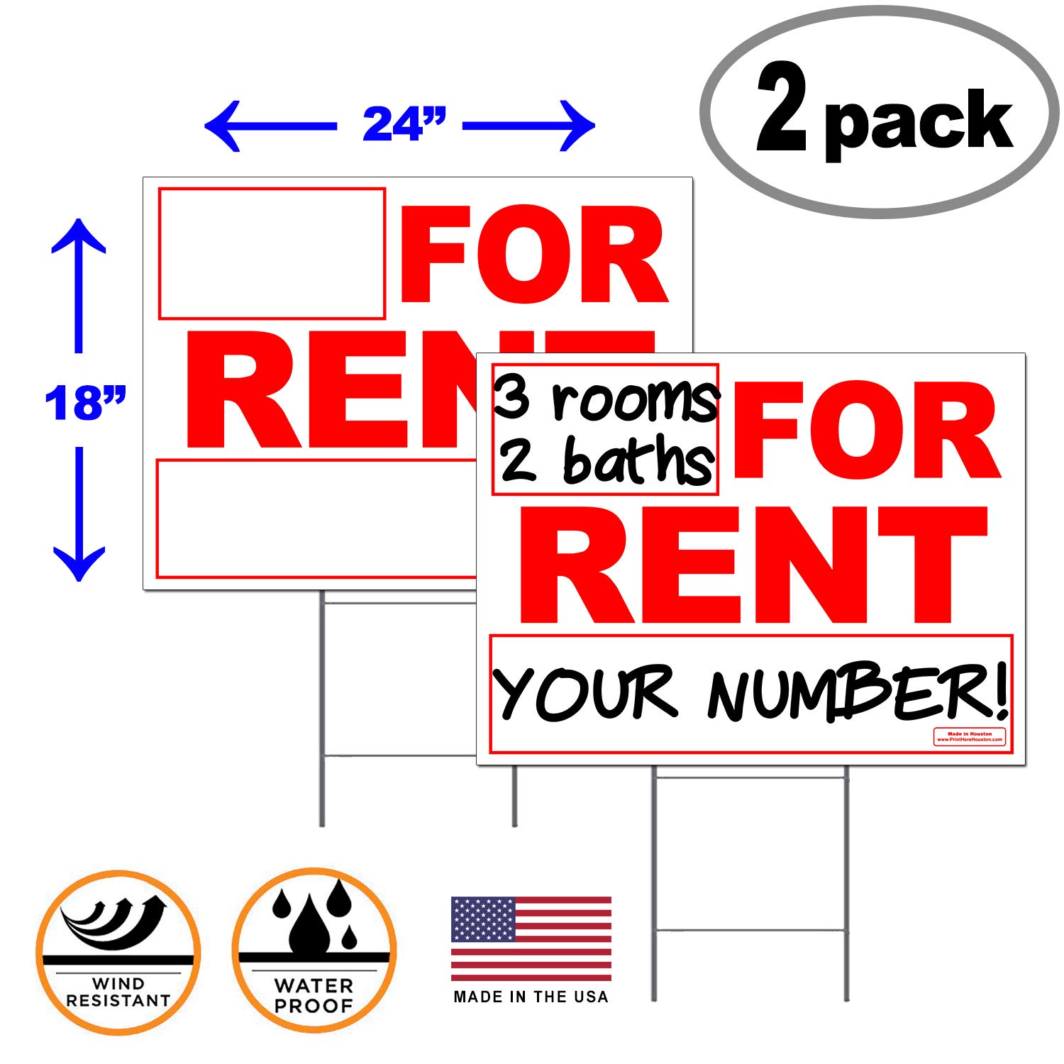 FOR RENT Yard Signs Double Sided Prints on 24" x 18" Corrugated Plastic Lawn Sign + Heavy Duty H-Stakes Wire Stand (2)