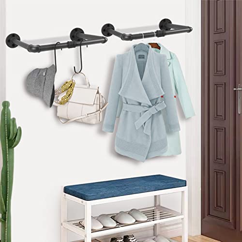 Industrial Pipe Clothes Bar Wall Mounted Rustic Metal Garment Rack Heavy Duty Hanger Holder Laundry Room Boutique Store Clothing Display Black