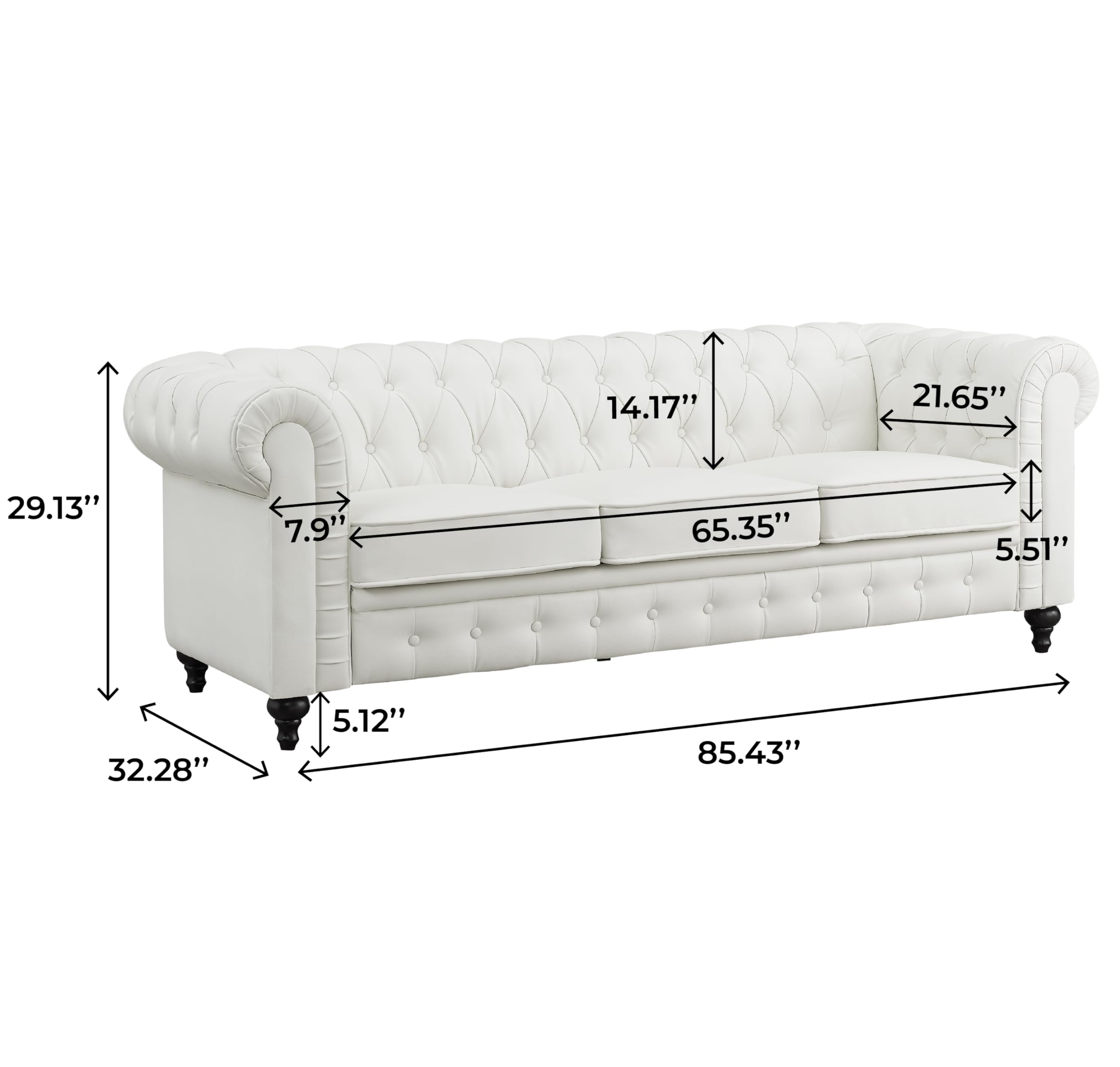 Naomi Home Emery Chesterfield Sofa with Rolled Arms, Tufted Cushions / 3 Seater Sectional Sofa Couch for Small Spaces, Living Room, Bedroom, Apartment Easy Tool-Free Assembly β Off White