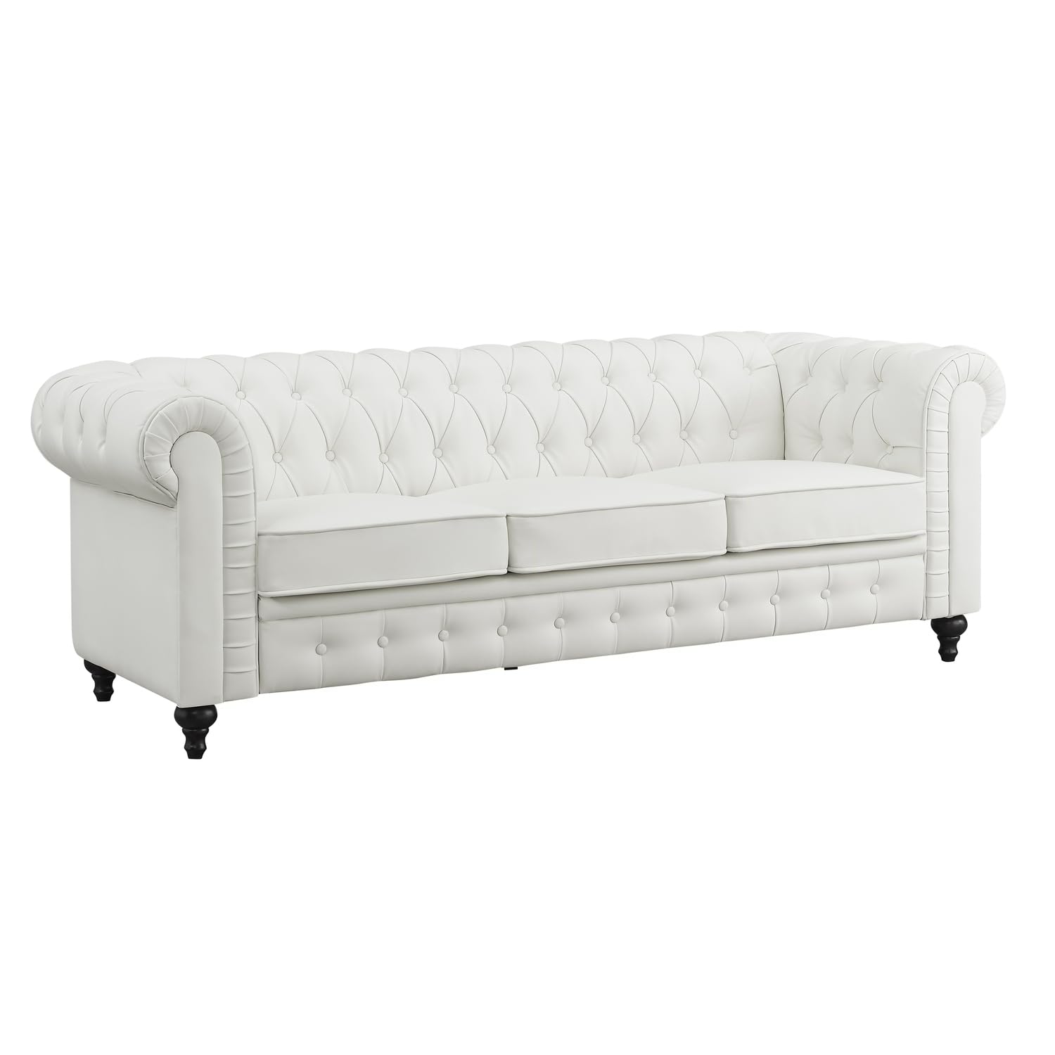 Naomi Home Emery Chesterfield Sofa with Rolled Arms, Tufted Cushions / 3 Seater Sectional Sofa Couch for Small Spaces, Living Room, Bedroom, Apartment Easy Tool-Free Assembly β Off White