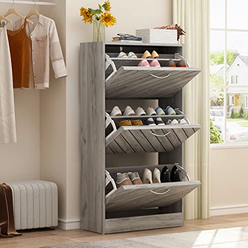 DiDuGo Shoe Cabinet with 3 Flip Drawers, Slanted Design, Shoe Organizer for Hallway Entryway Light Grey (22.4”W x 9.4”D x 42.3”H)