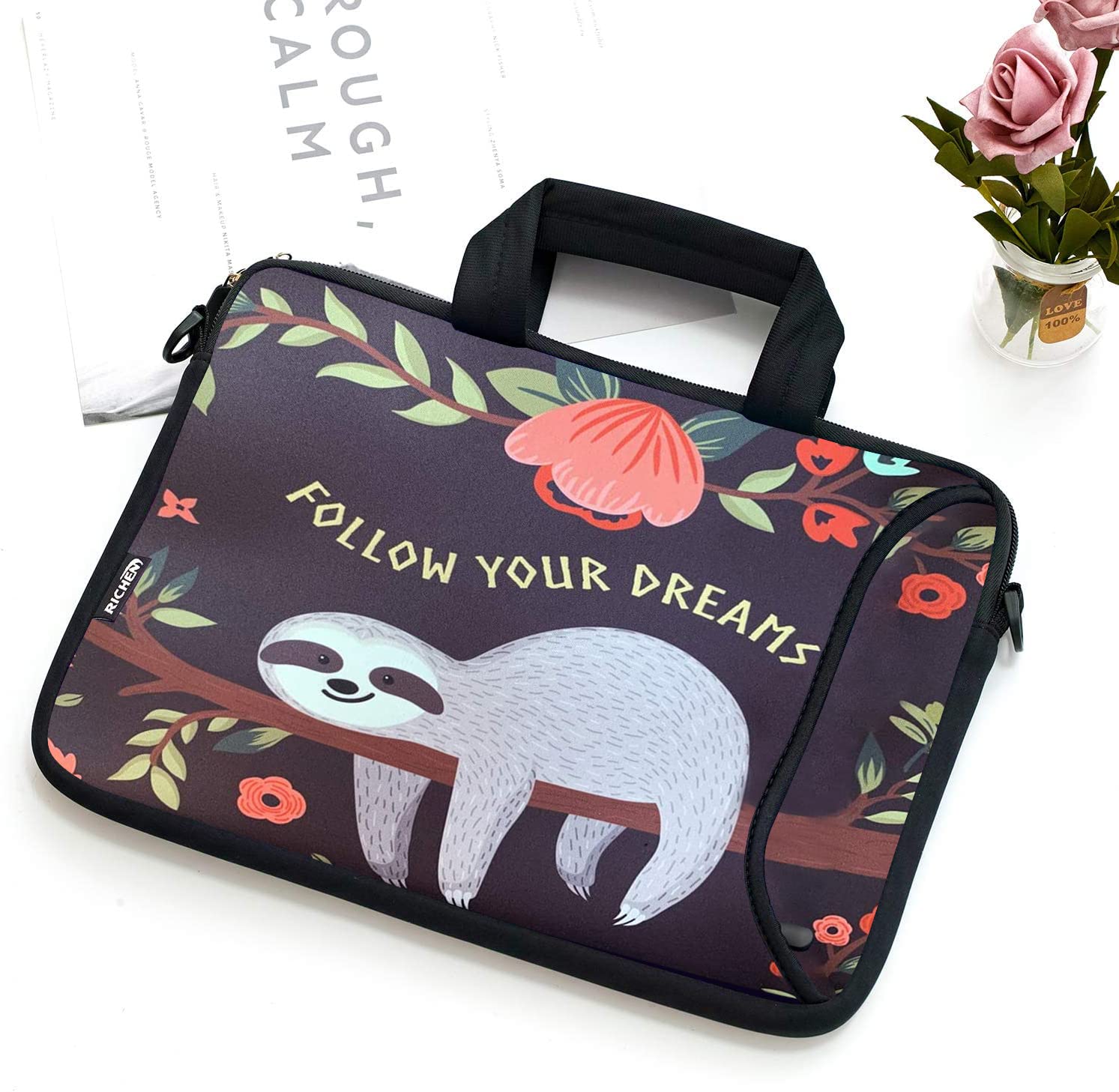 RICHEN 11 11.6 12 12.5 13 inches Laptop/Chromebook/Notebook PC Messenger Bag Tablet Travel Case Neoprene Handle Sleeve with Shoulder Strap (11-13.3 inch, Sloth)