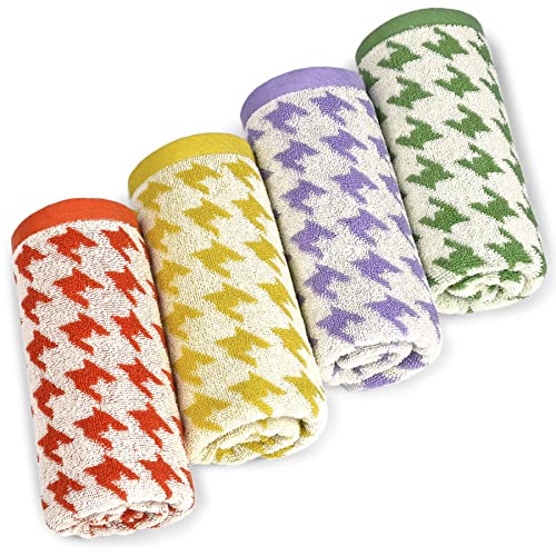 Bathroom Hand Towels 29” x 13”, Ultra Soft Hand Towel Set Houndstooth Pattern, 4 Pack Face Towels for Daily Use, Orange Yellow Green Lilac