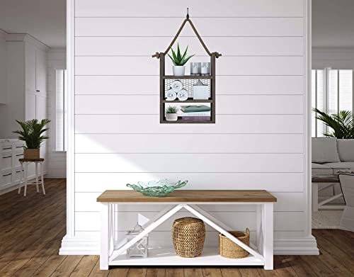 SFC Rustic Wood Bathroom Shelf Over Toilet, Bathroom Decor, Bathroom Shelves Wall Mounted, Rustic Bathroom Decor, Rustic Shelves, Farmhouse Bathroom Decor, Ladder Style Rope Hanging Shelf (Small)