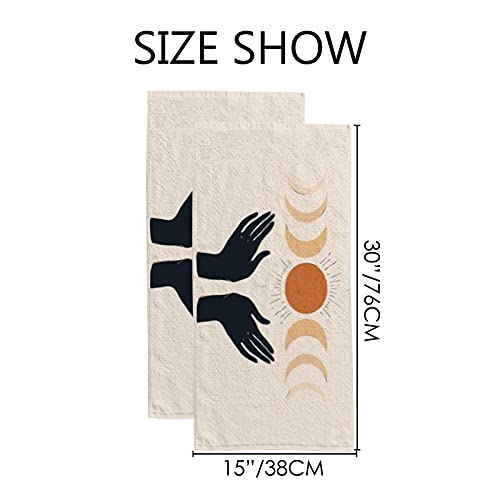 Kuizee Microfiber Hand Towel Face Towels Set of 2 Bohemian Aesthetic Hands Moon Phases Pink Quick-Dry Highly Absorbent Ultra Soft Bathroom Kitchen 30X15 Inch