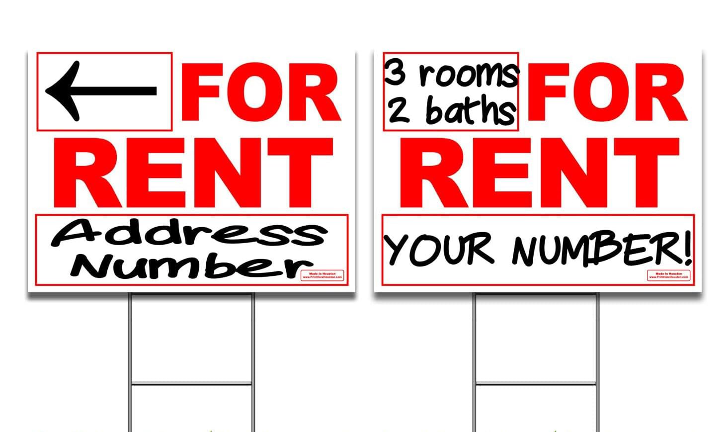 FOR RENT Yard Signs Double Sided Prints on 24" x 18" Corrugated Plastic Lawn Sign + Heavy Duty H-Stakes Wire Stand (2)