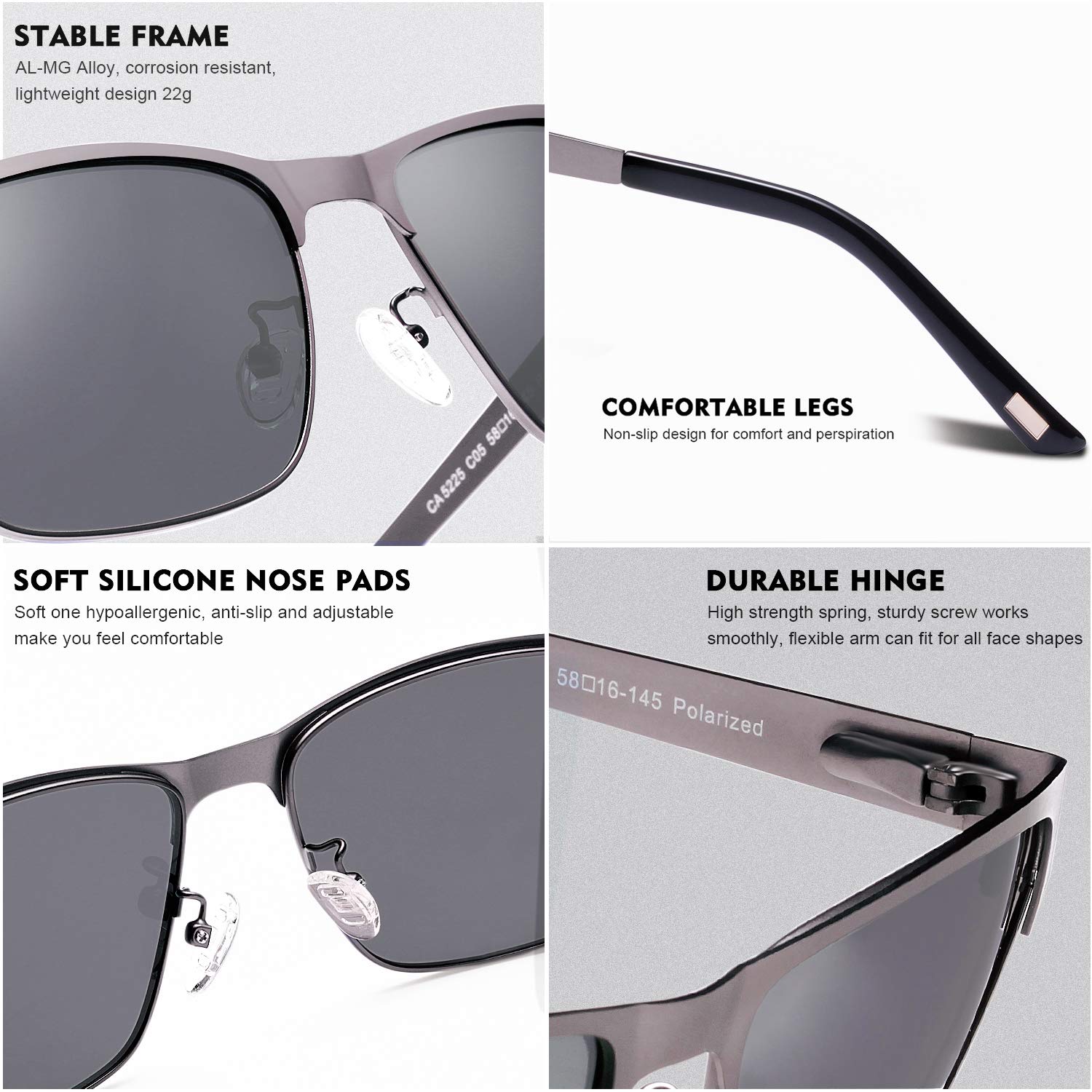 CARFIA Metal Mens Sunglasses Polarized UV400 Protection for Driving Fishing Hiking Golf Everyday Use