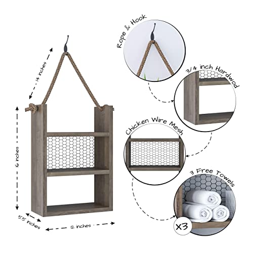 SFC Rustic Wood Bathroom Shelf Over Toilet, Bathroom Decor, Bathroom Shelves Wall Mounted, Rustic Bathroom Decor, Rustic Shelves, Farmhouse Bathroom Decor, Ladder Style Rope Hanging Shelf (Small)