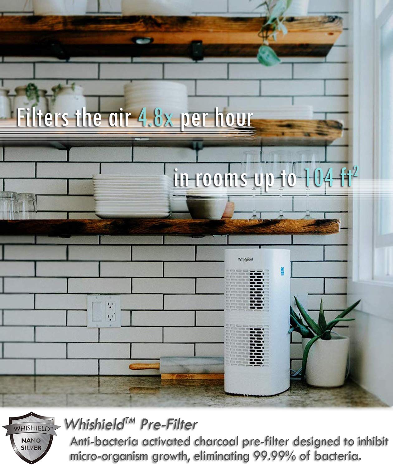 Whirlpool Whispure WPT60P, True HEPA Air Purifier, Activated Carbon Advanced Anti-Bacteria, Ideal for Allergies, Odors, Pet Dander, Mold, Smoke, Smokers, and Germs, Medium, White