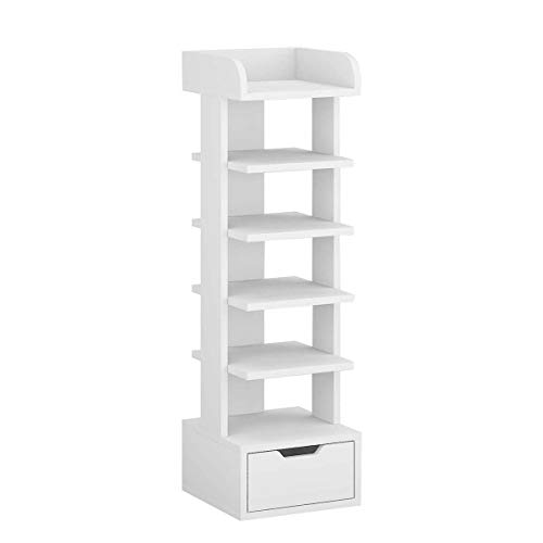 Waktavel Shoe Rack Organizer, Wooden 5 Tiers Vertical Shoe Rack with Drawer and Open Top, Space Saving Small Shoe Storage Stand for Entryway Hallway Bedroom (White Shoe Rack 5 Tier)