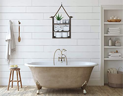 SFC Rustic Wood Bathroom Shelf Over Toilet, Bathroom Decor, Bathroom Shelves Wall Mounted, Rustic Bathroom Decor, Rustic Shelves, Farmhouse Bathroom Decor, Ladder Style Rope Hanging Shelf (Small)