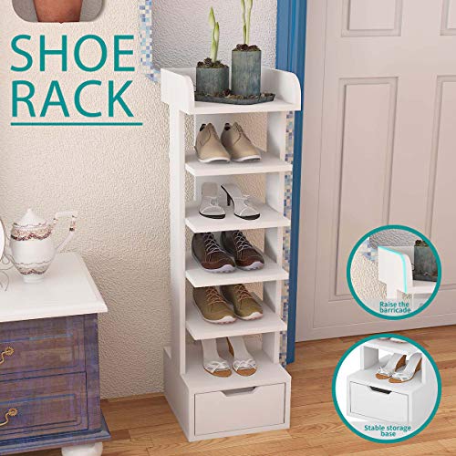 Waktavel Shoe Rack Organizer, Wooden 5 Tiers Vertical Shoe Rack with Drawer and Open Top, Space Saving Small Shoe Storage Stand for Entryway Hallway Bedroom (White Shoe Rack 5 Tier)