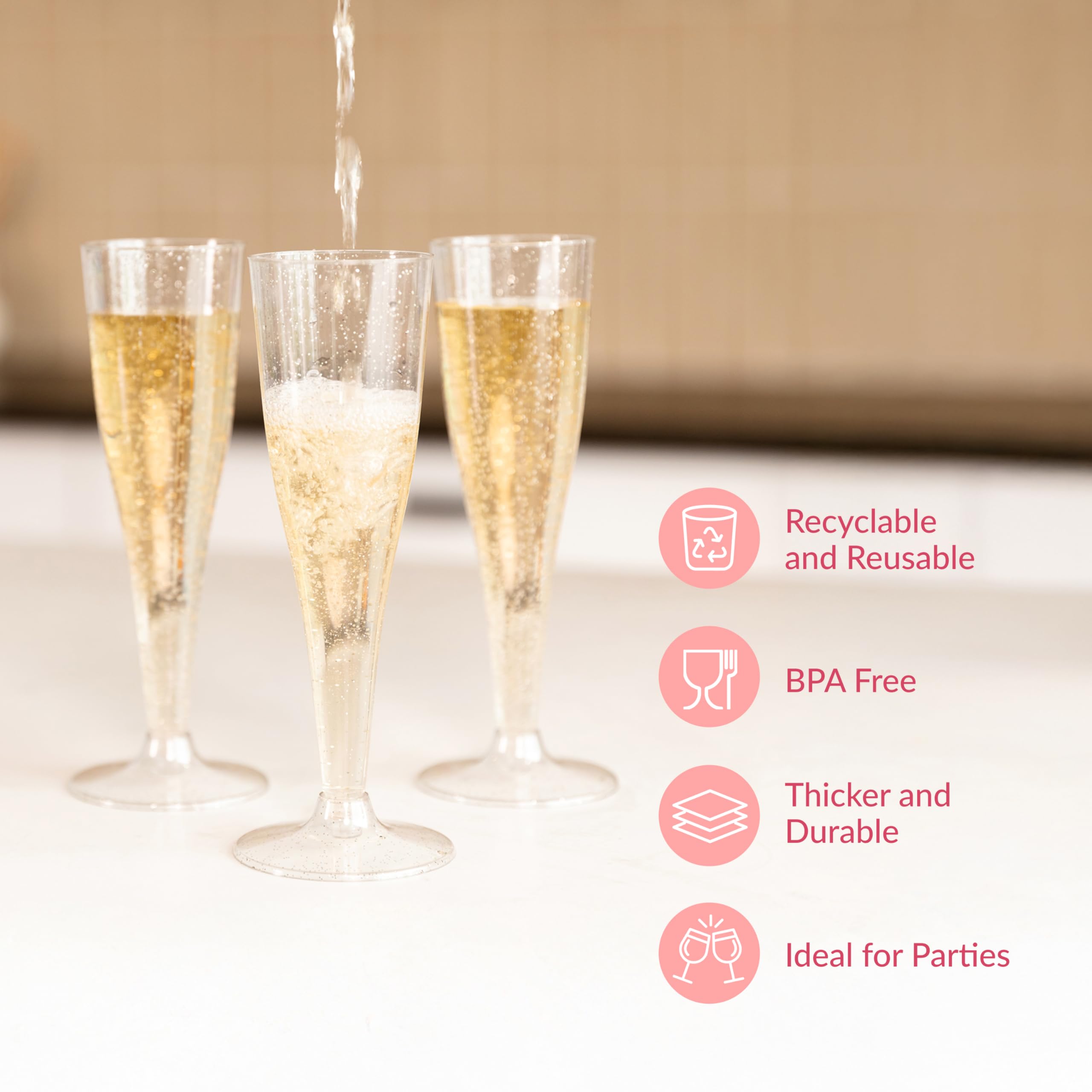 Prestee 100 Pack Plastic Champagne Flutes Disposable - Durable Silver Glitter Champagne Glasses 4.5 oz - Ideal for Parties, Weddings, Mimosa Bar, and Celebrations - Elegant Single Use Party Glasses