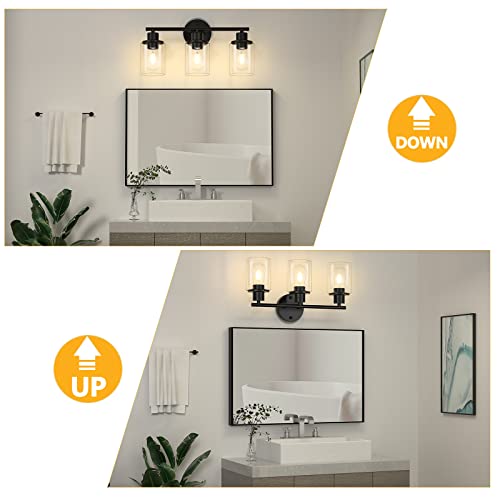 Licperron 3-Light Bathroom Wall Light Fixtures, Black Vanity Light with Clear Glass Shade, Modern Bathroom Vanity Light Over Mirror, Farmhouse Wall Sconces Lighting for Bedroom Hallway Living Room