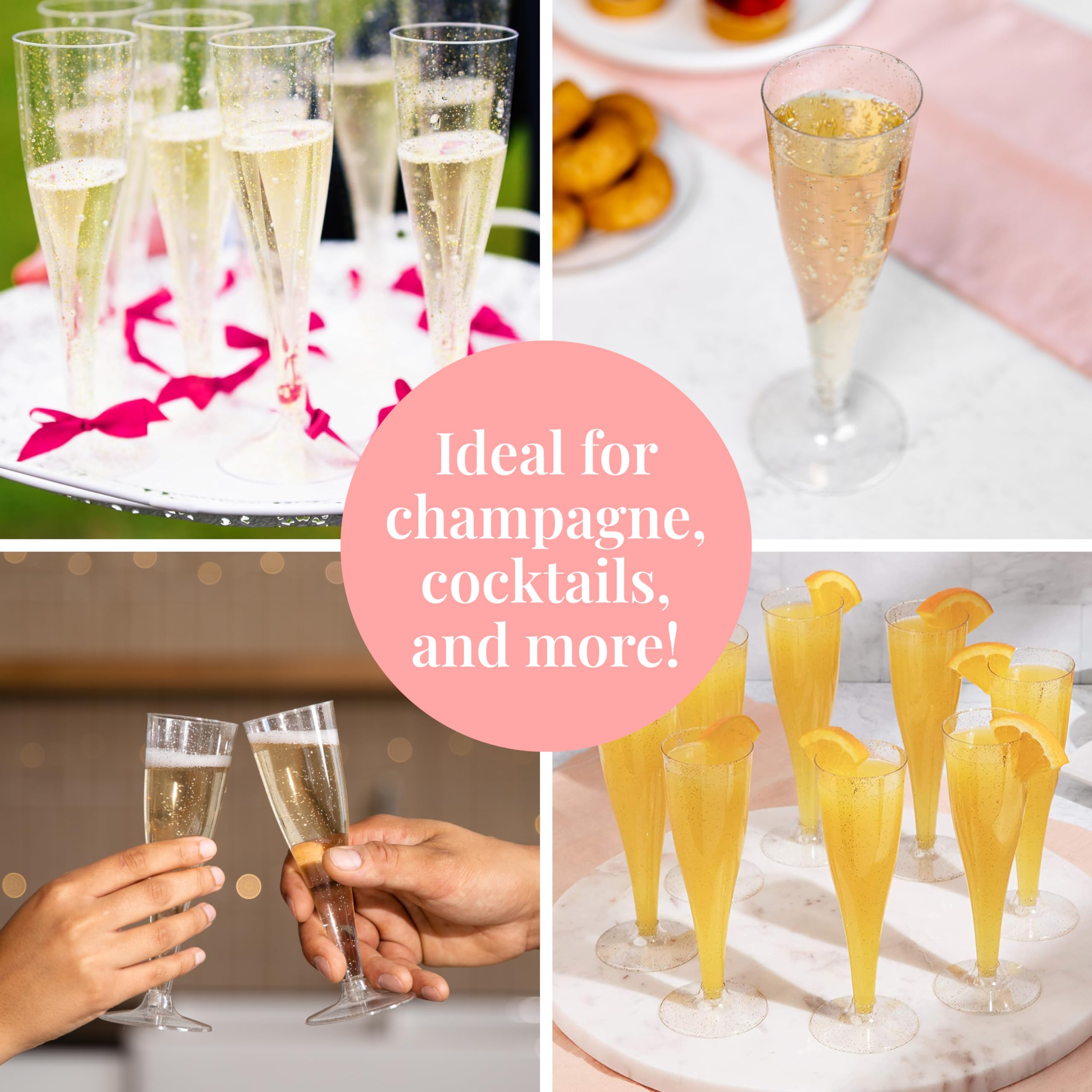 Prestee 100 Pack Plastic Champagne Flutes Disposable - Durable Silver Glitter Champagne Glasses 4.5 oz - Ideal for Parties, Weddings, Mimosa Bar, and Celebrations - Elegant Single Use Party Glasses