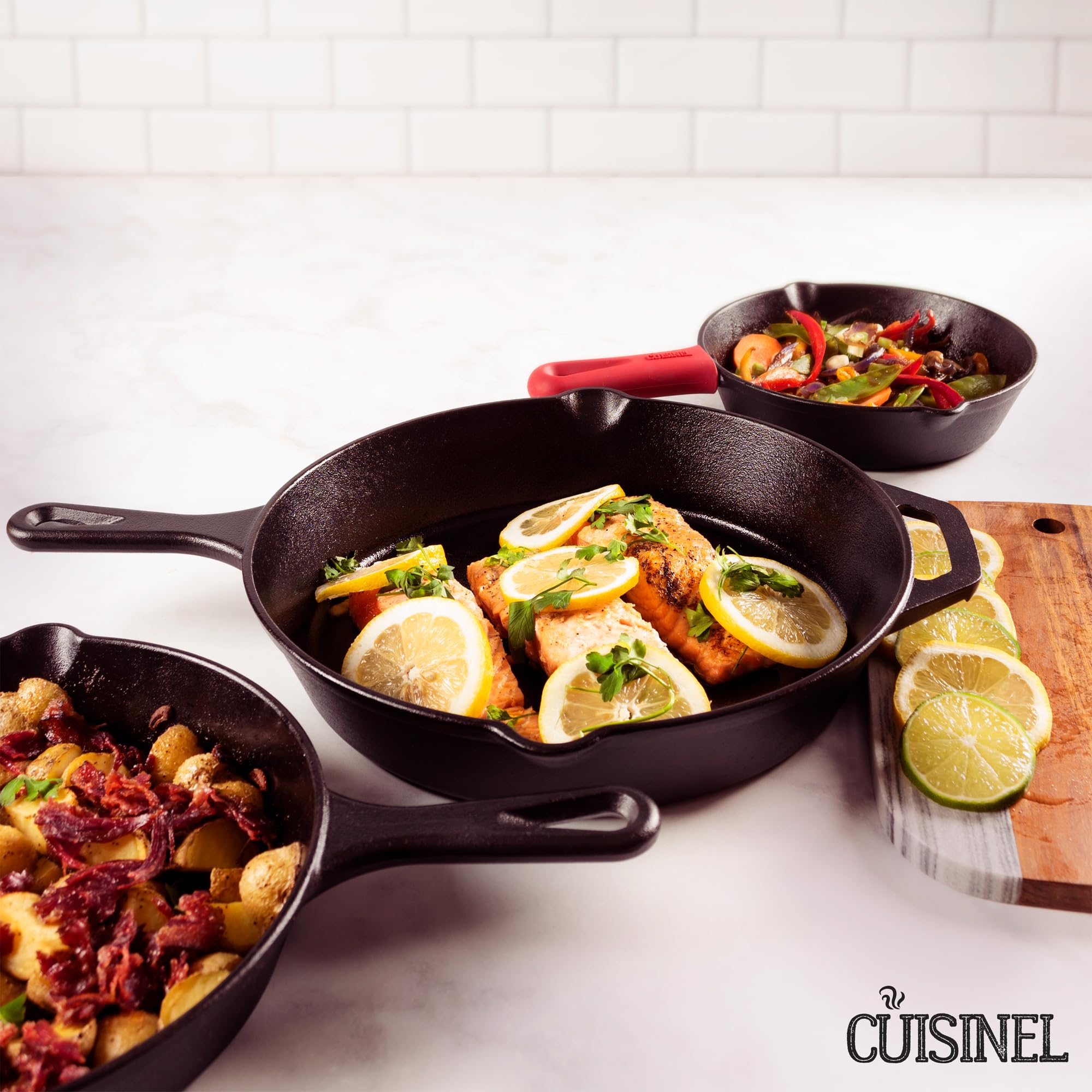 Cuisinel Cast Iron Skillets Set - 12" + 10" + 8"-Inch Pre-Seasoned Frying Pans + Silicone Handle Grip Covers - Use Indoor/Outdoor, Oven, Grill, Stove, BBQ, Camp Fire, Induction Kitchen Cookware