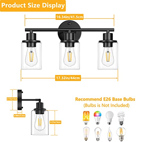 Licperron 3-Light Bathroom Wall Light Fixtures, Black Vanity Light with Clear Glass Shade, Modern Bathroom Vanity Light Over Mirror, Farmhouse Wall Sconces Lighting for Bedroom Hallway Living Room