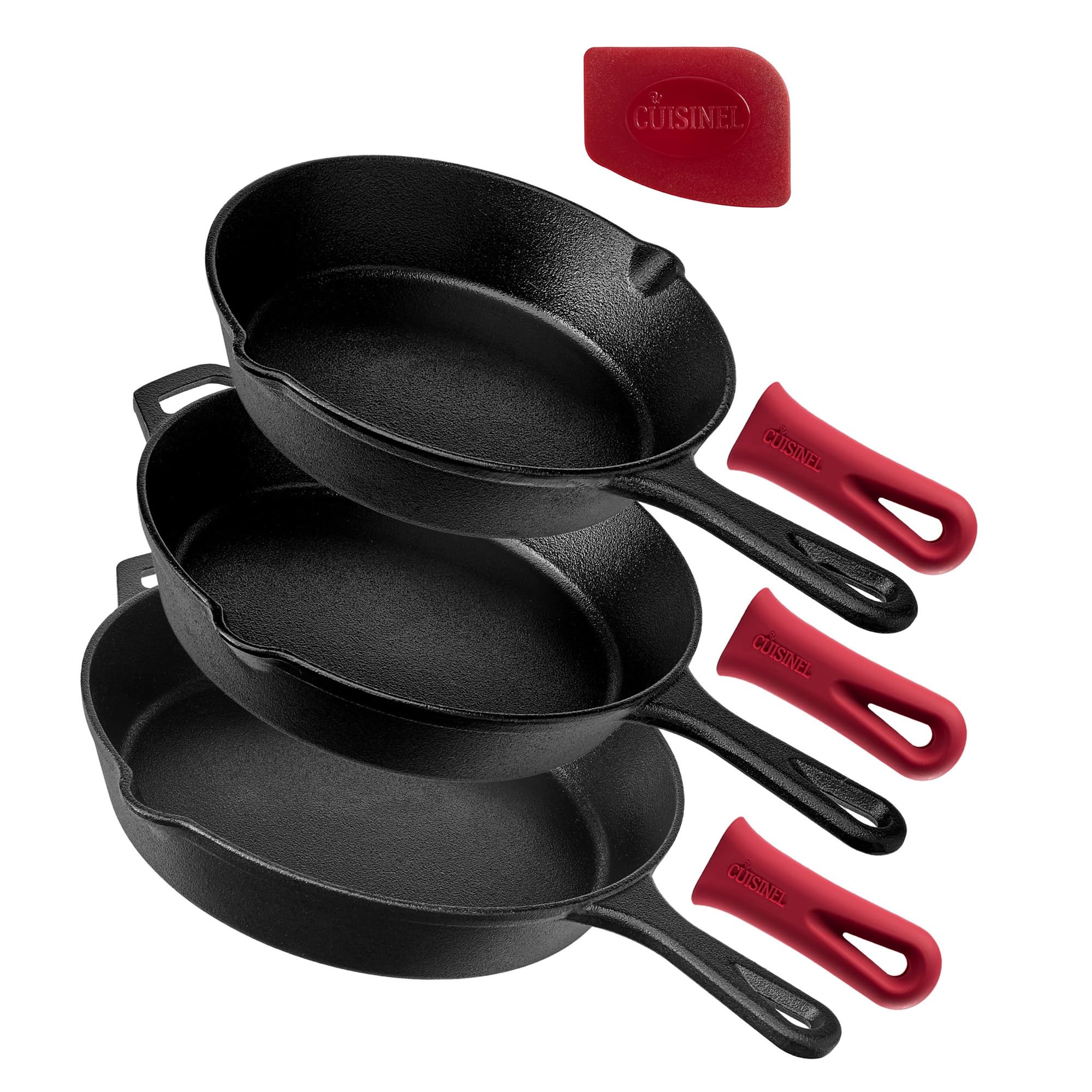 Cuisinel Cast Iron Skillets Set - 12" + 10" + 8"-Inch Pre-Seasoned Frying Pans + Silicone Handle Grip Covers - Use Indoor/Outdoor, Oven, Grill, Stove, BBQ, Camp Fire, Induction Kitchen Cookware