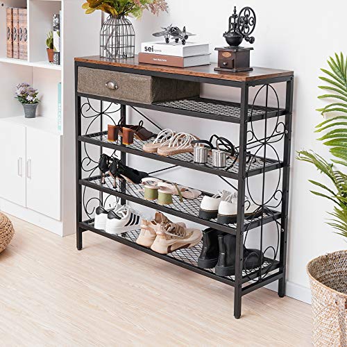 X-cosrack Shoe Rack, 4-Tier Shoe Rack Organizer Industrial Metal Closet wooden vertical Shoe Rack Storage Garage Shoe Stand for Closets Entryway Brown Black