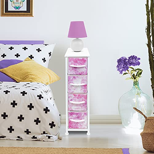 Sorbus Narrow Dresser Tower with 4 Drawers - Vertical Storage for Bedroom, Bathroom, Laundry, Closets, and More, Steel Frame, Wood Top, Easy Pull Fabric Bins (Tie-dye Pink)