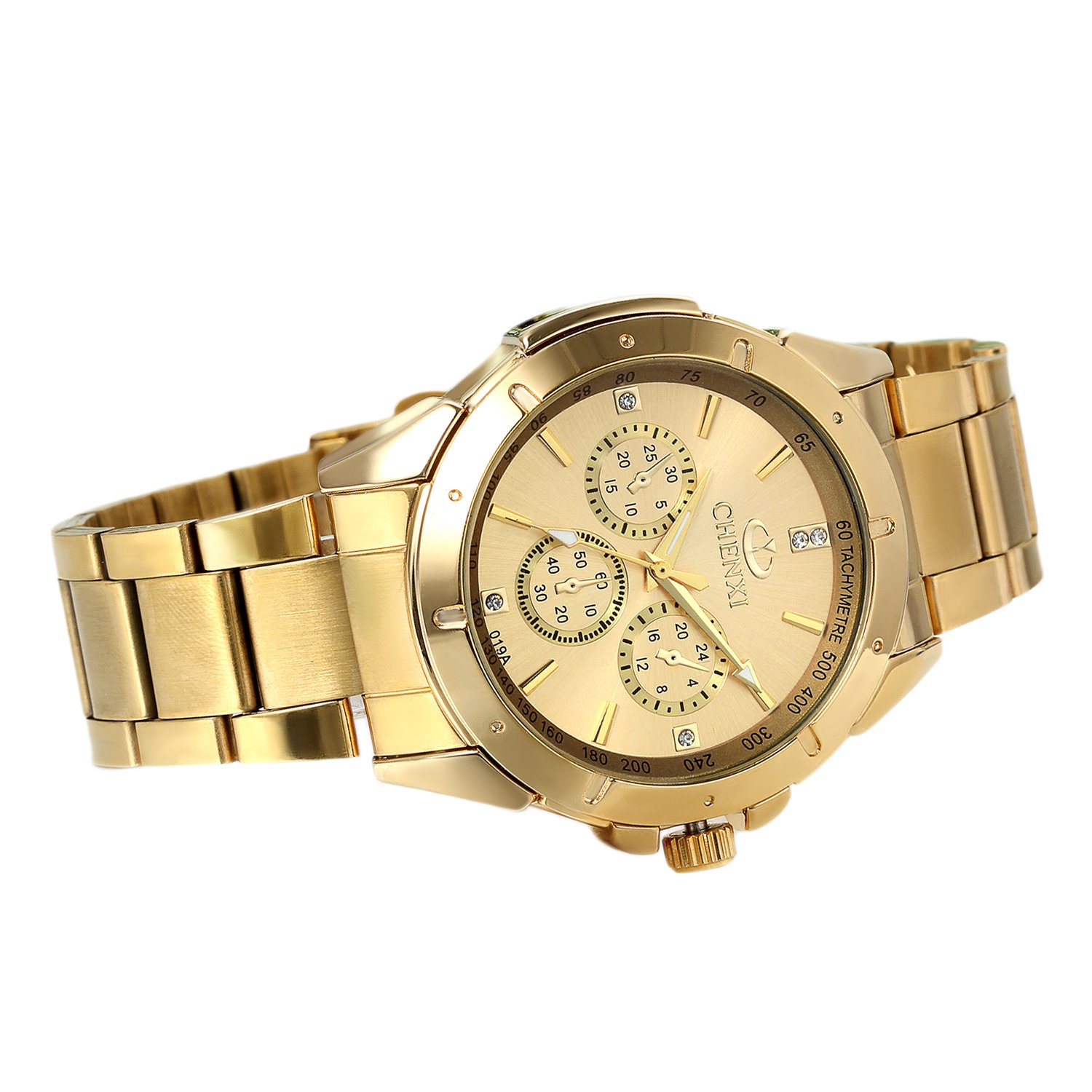 Avaner Mens Gold Watch Analog Dial Quartz Rhinestone Iced Out Pave Wrist Watch Stainless Steel Charm Bracelet (Gold-1) (Gold-2)