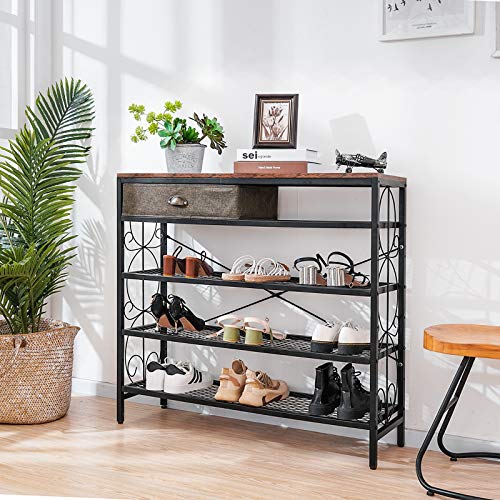 X-cosrack Shoe Rack, 4-Tier Shoe Rack Organizer Industrial Metal Closet wooden vertical Shoe Rack Storage Garage Shoe Stand for Closets Entryway Brown Black