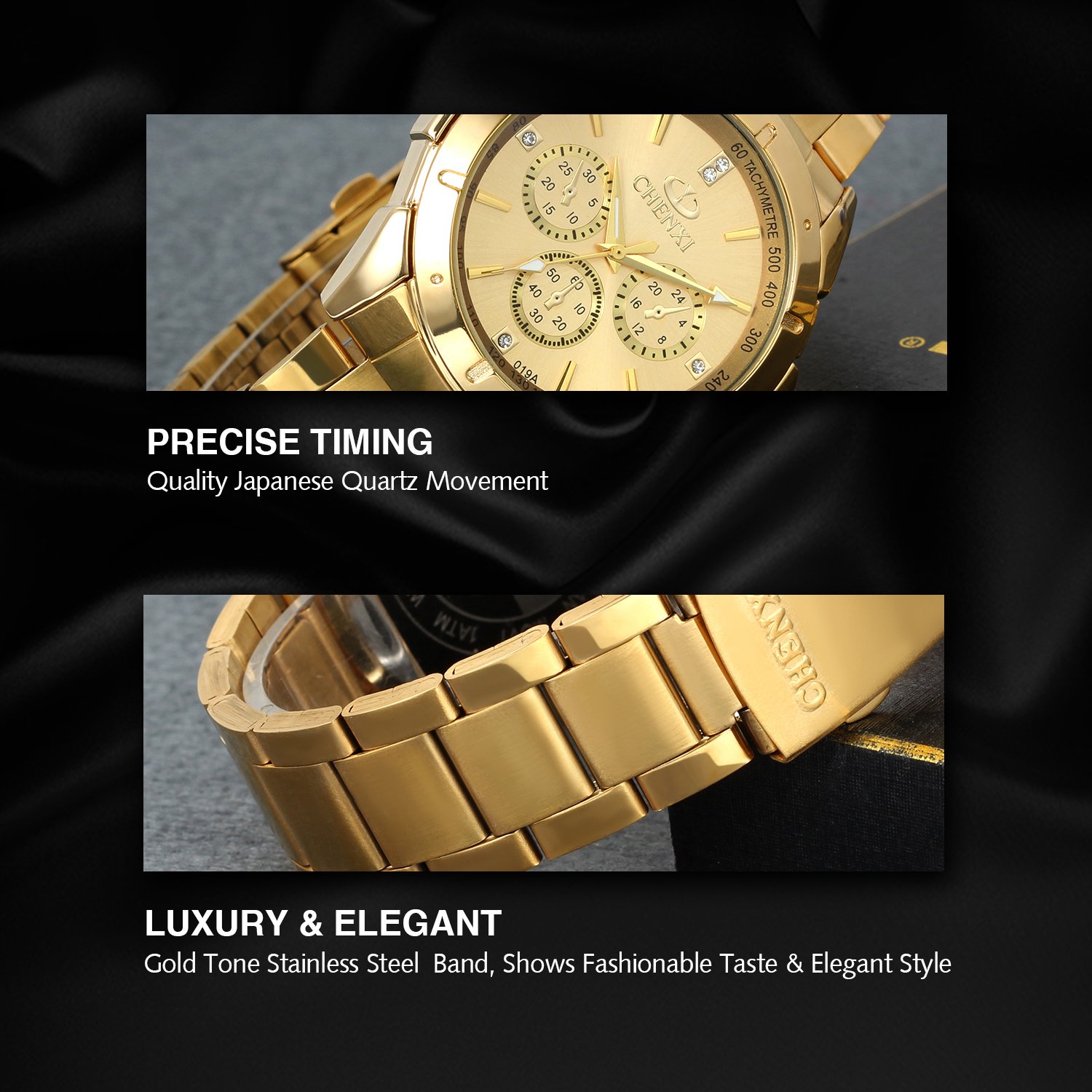Avaner Mens Gold Watch Analog Dial Quartz Rhinestone Iced Out Pave Wrist Watch Stainless Steel Charm Bracelet (Gold-1) (Gold-2)