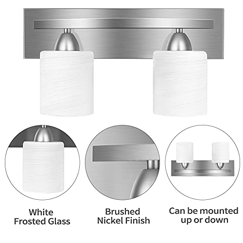 Bathroom Vanity Light Fixture, 2-Light Modern Bathroom Lights with Glass Shade, Brushed Nickel Bath Lighting Fixtures Over Mirror, Hollywood Style Interior Wall Sconce for Makeup Dressing Table