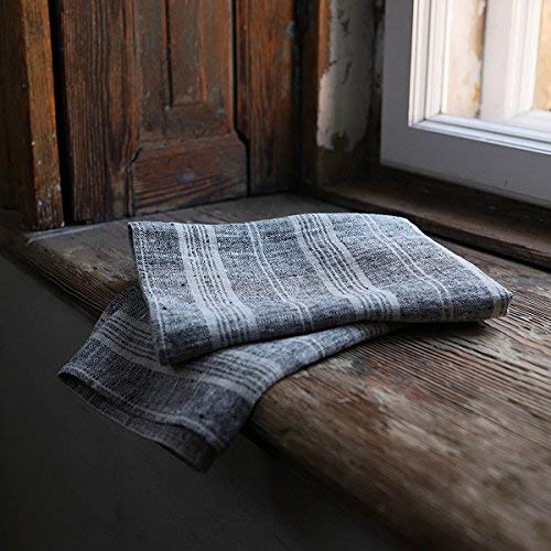 LinenMe Set of 2 Linen Guest Towels, 14" x 17", Black/Natural Striped, 100% linen, Prewashed