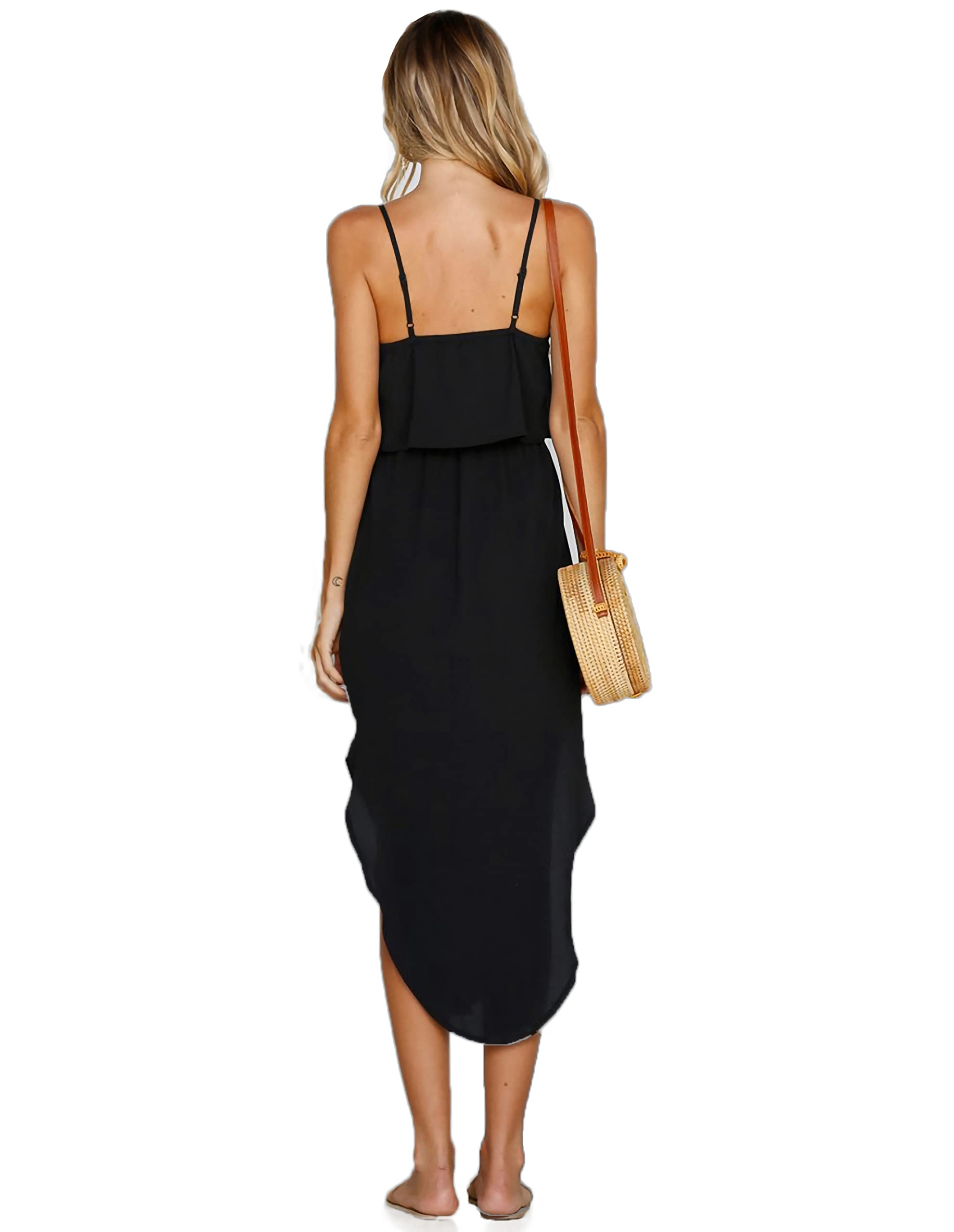 NERLEROLIAN Women's Adjustable Strappy Split Summer Beach Casual Midi Dress Black