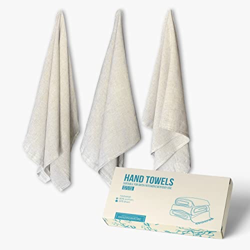 100% Pure Natural Cotton Linen Blend Towels for Kitchen - Set of 3 Bath Hand Towels Natural Beige Color 14"x 30" Soft Lightweight Decorative Hand Towels, Quick-Dry Wash Cloths, Tea Towel, Face Towels
