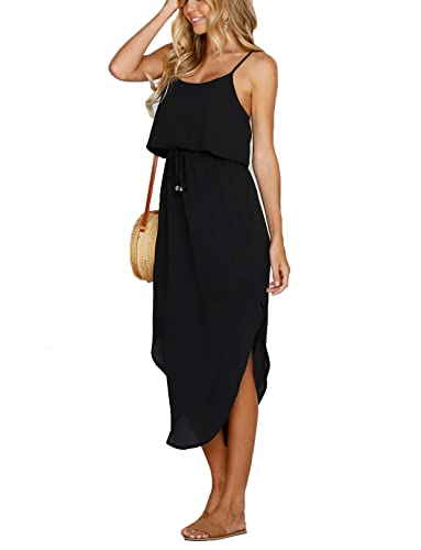 NERLEROLIAN Women's Adjustable Strappy Split Summer Beach Casual Midi Dress Black