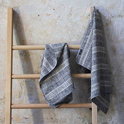 LinenMe Set of 2 Linen Guest Towels, 14" x 17", Black/Natural Striped, 100% linen, Prewashed