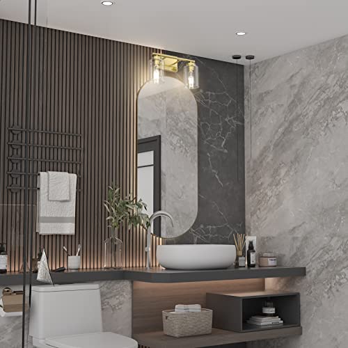 Bathroom Light Fixtures,Brushed Brass Vanity Light, Gold Wall Sconces Lighting, Modern Bath Wall Mounted Lights with Glass Shade, Gold Wall Sconce for Living Room, Bedroom, Hallway(Exclude Bulb)