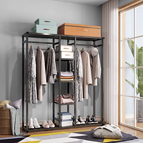 UDEAR Metal Garment Rack,Freestanding,Open Wardrobe Closet Storage Organizer,Large Armoire with 6 Shelves,2 Clothes Hanging Rack Stand for Clothes,Shoes, Bags,in Entryway,Room,Black