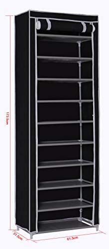 Homebi 10-Tier Shoe Rack 30 Pairs Shoe Tower Closet Shoes Storage Cabinet Portable Boot Organizer with Dustproof Non-Woven Fabric Cover and 10 Durable Shelves (Black) (Black)