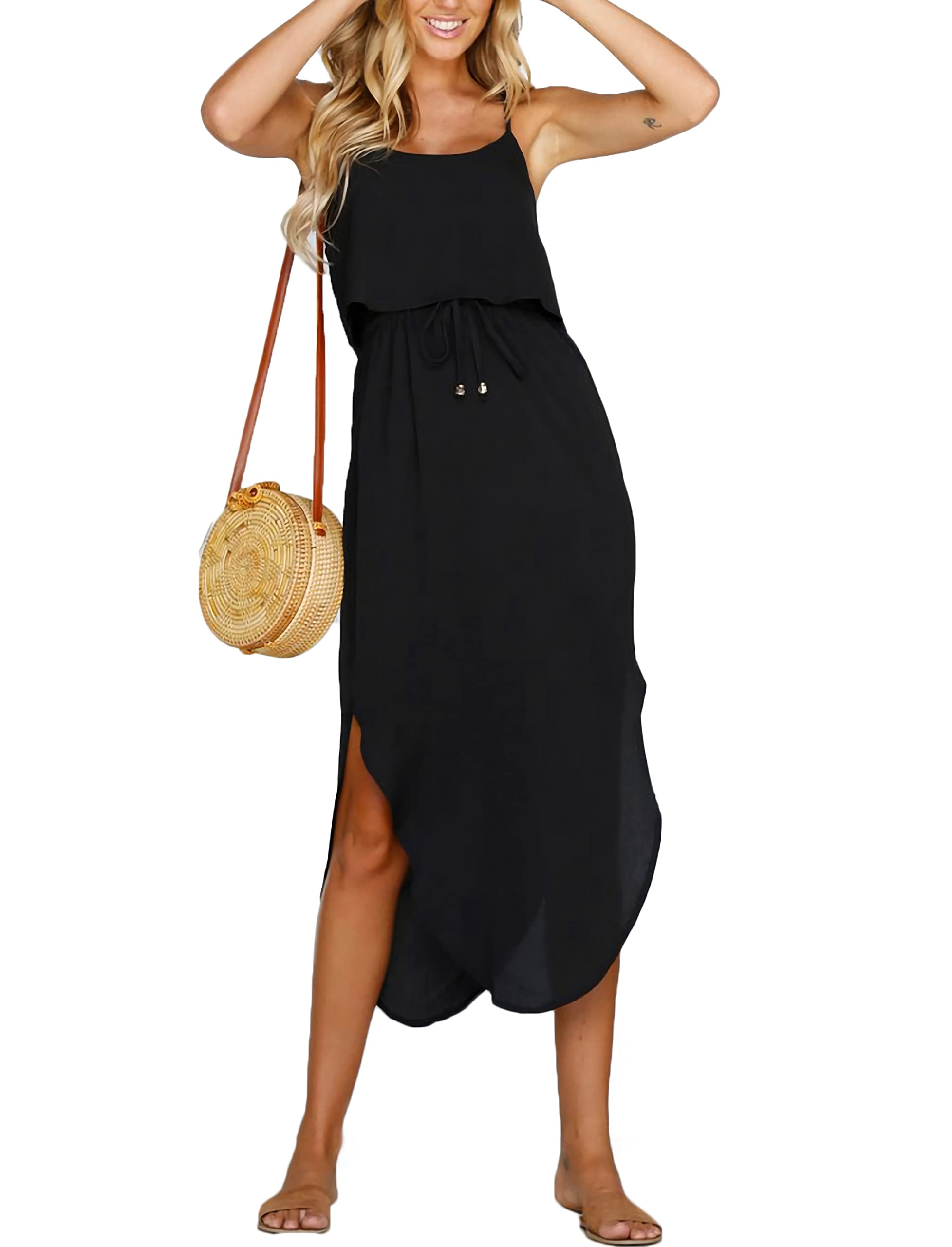 NERLEROLIAN Women's Adjustable Strappy Split Summer Beach Casual Midi Dress Black