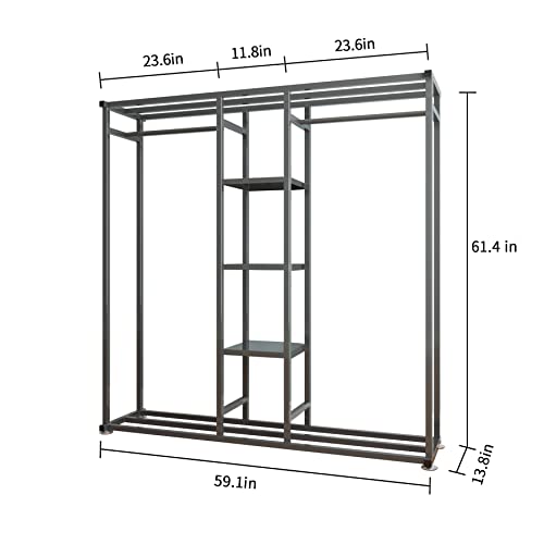 UDEAR Metal Garment Rack,Freestanding,Open Wardrobe Closet Storage Organizer,Large Armoire with 6 Shelves,2 Clothes Hanging Rack Stand for Clothes,Shoes, Bags,in Entryway,Room,Black