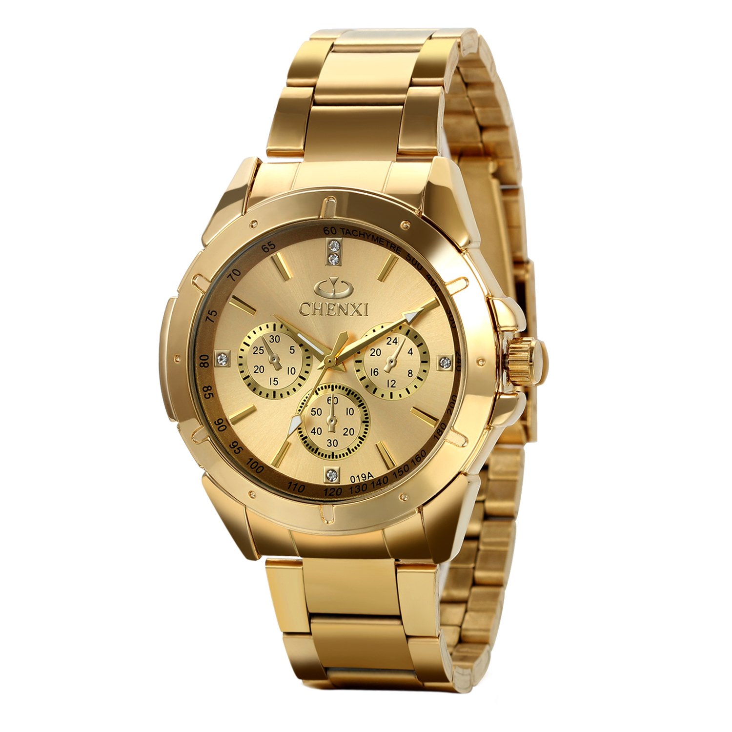 Avaner Mens Gold Watch Analog Dial Quartz Rhinestone Iced Out Pave Wrist Watch Stainless Steel Charm Bracelet (Gold-1) (Gold-2)