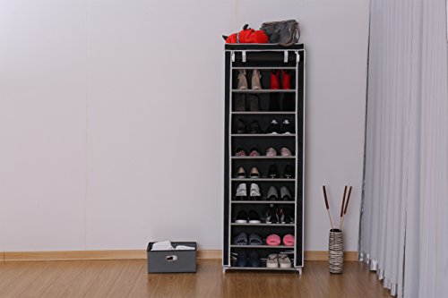 Homebi 10-Tier Shoe Rack 30 Pairs Shoe Tower Closet Shoes Storage Cabinet Portable Boot Organizer with Dustproof Non-Woven Fabric Cover and 10 Durable Shelves (Black) (Black)