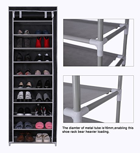 Homebi 10-Tier Shoe Rack 30 Pairs Shoe Tower Closet Shoes Storage Cabinet Portable Boot Organizer with Dustproof Non-Woven Fabric Cover and 10 Durable Shelves (Black) (Black)