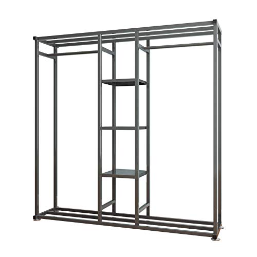 UDEAR Metal Garment Rack,Freestanding,Open Wardrobe Closet Storage Organizer,Large Armoire with 6 Shelves,2 Clothes Hanging Rack Stand for Clothes,Shoes, Bags,in Entryway,Room,Black