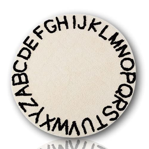 ABC Rug for Kids Room Circle Alphabet Nursery Rug for Baby Boy and Girl - Round Neutral Toddler Playroom Rug, Letter Learning Carpet(47", Black White)