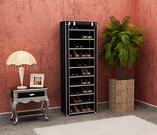 Homebi 10-Tier Shoe Rack 30 Pairs Shoe Tower Closet Shoes Storage Cabinet Portable Boot Organizer with Dustproof Non-Woven Fabric Cover and 10 Durable Shelves (Black) (Black)