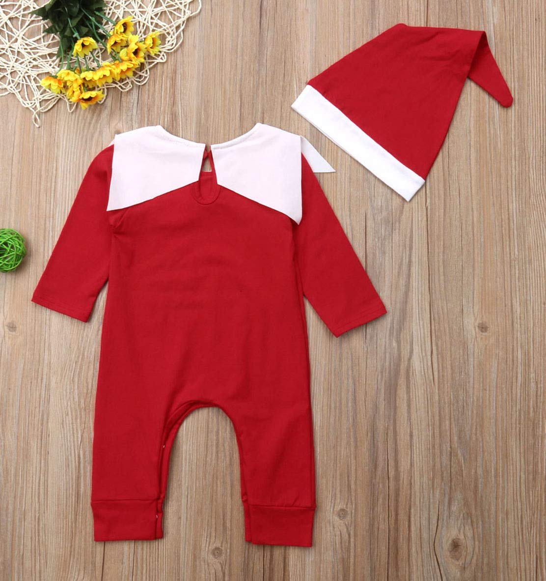 unniful Newborn Baby's Xmas Long Sleeve Romper+Hat Chrismas Santa Claus Dressed Set Onesies Jumpsuit 2pcs … (Red, 90/12-18m)