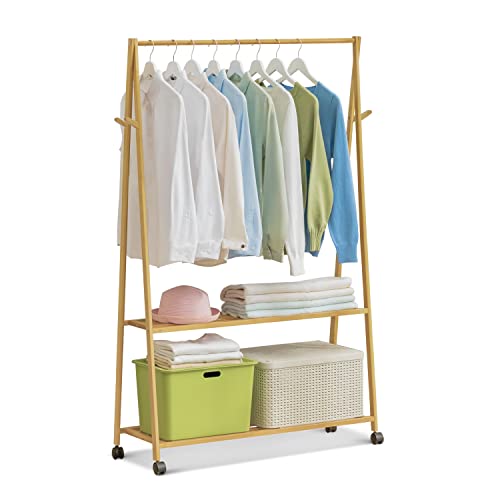 MoNiBloom Bamboo Garment Rack with Wheels Coat Rack Stand Clothes Rack with 2-Tier Storage Rack for Bedroom Living Room Entryway Home Office (Length 37.4", Natural)