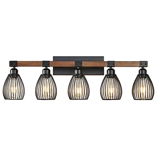 MZMHD 5-Light Farmhouse Bathroom Light Fixtures,Rustic Wood Cage Vanity Lights,Industrial Black Wall Sconce Lighting Over Mirror,Hallway,Bedroom
