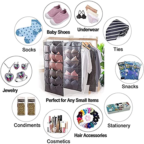 Dual Sided Hanging Closet Mesh Pockets Organizer for Underwear, Stocking, Bra and Sock (2 Packs, Grey: 12+24 Pockets; Pink:12+18 Pockets)