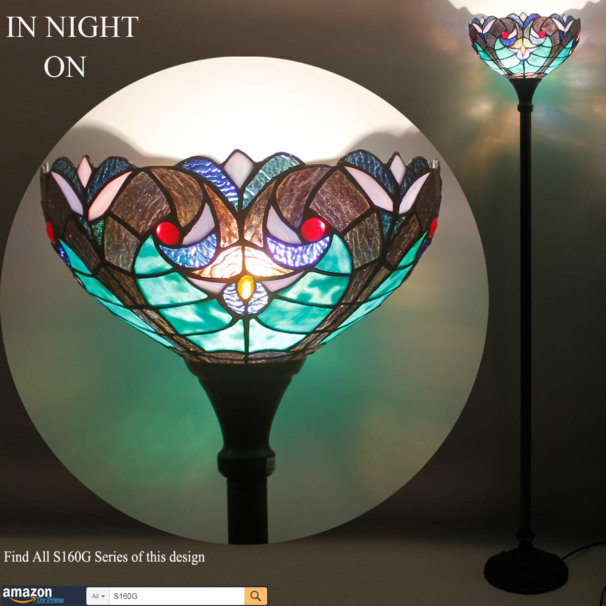 WERFACTORY Tiffany Floor Lamp Green Liaison Stained Glass Light 12X12X66 Inches Pole Torchiere Standing Corner Torch Uplight Decor Bedroom Living Room Home Office S160G Series