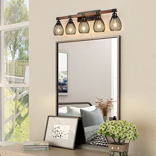 MZMHD 5-Light Farmhouse Bathroom Light Fixtures,Rustic Wood Cage Vanity Lights,Industrial Black Wall Sconce Lighting Over Mirror,Hallway,Bedroom